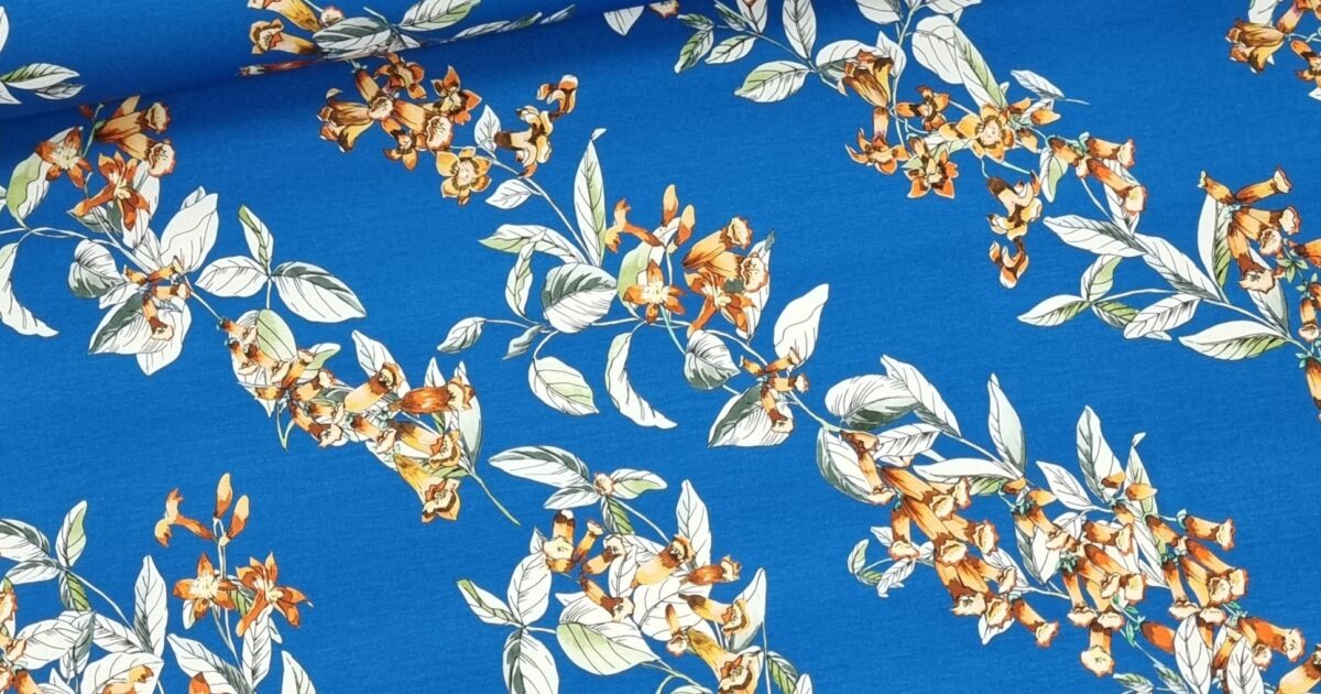 Bedrukte tricot schuin gebloemd kobaltblauw | Megastoffen